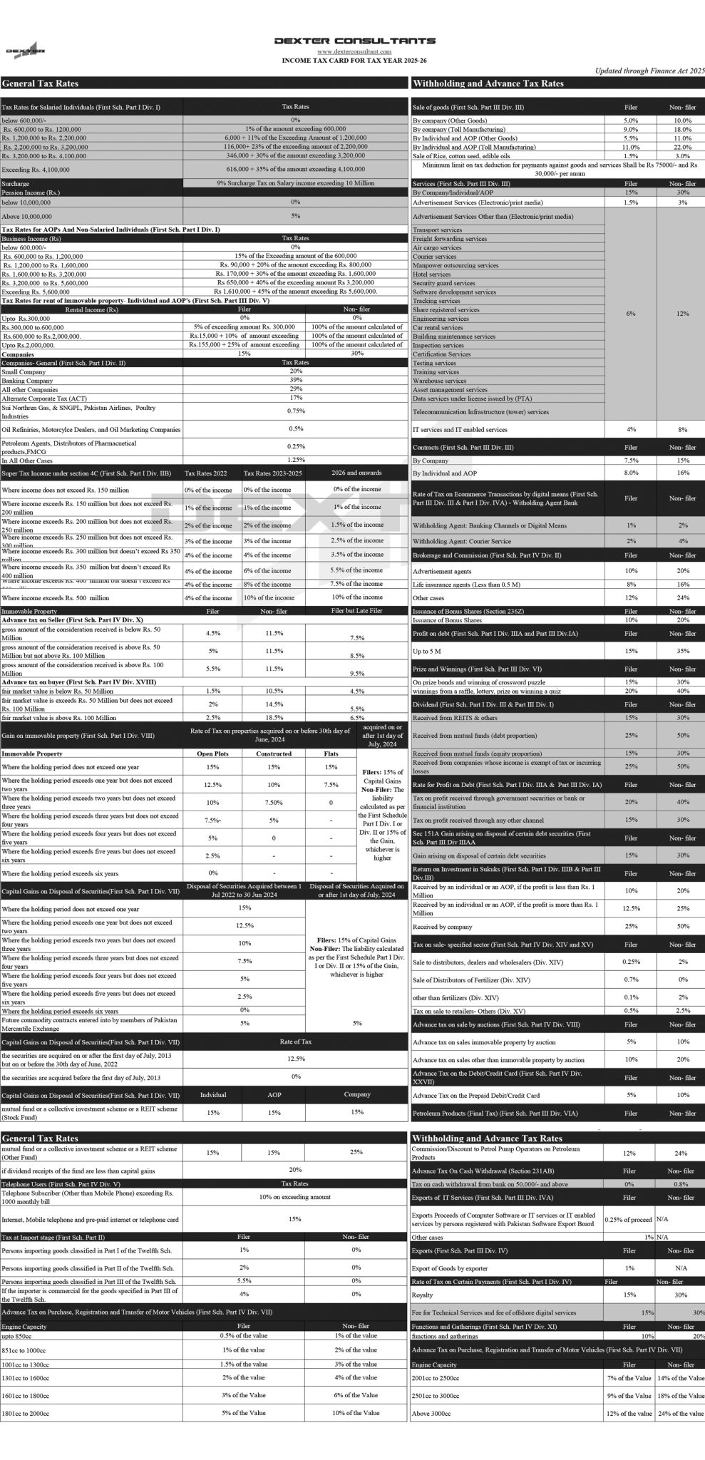 Income Tax Withholding Rates Card 2025-26 - Dexter Consultants